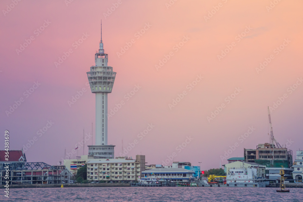 Riverfront view of Samut Prakan city hall with new observation tower ...