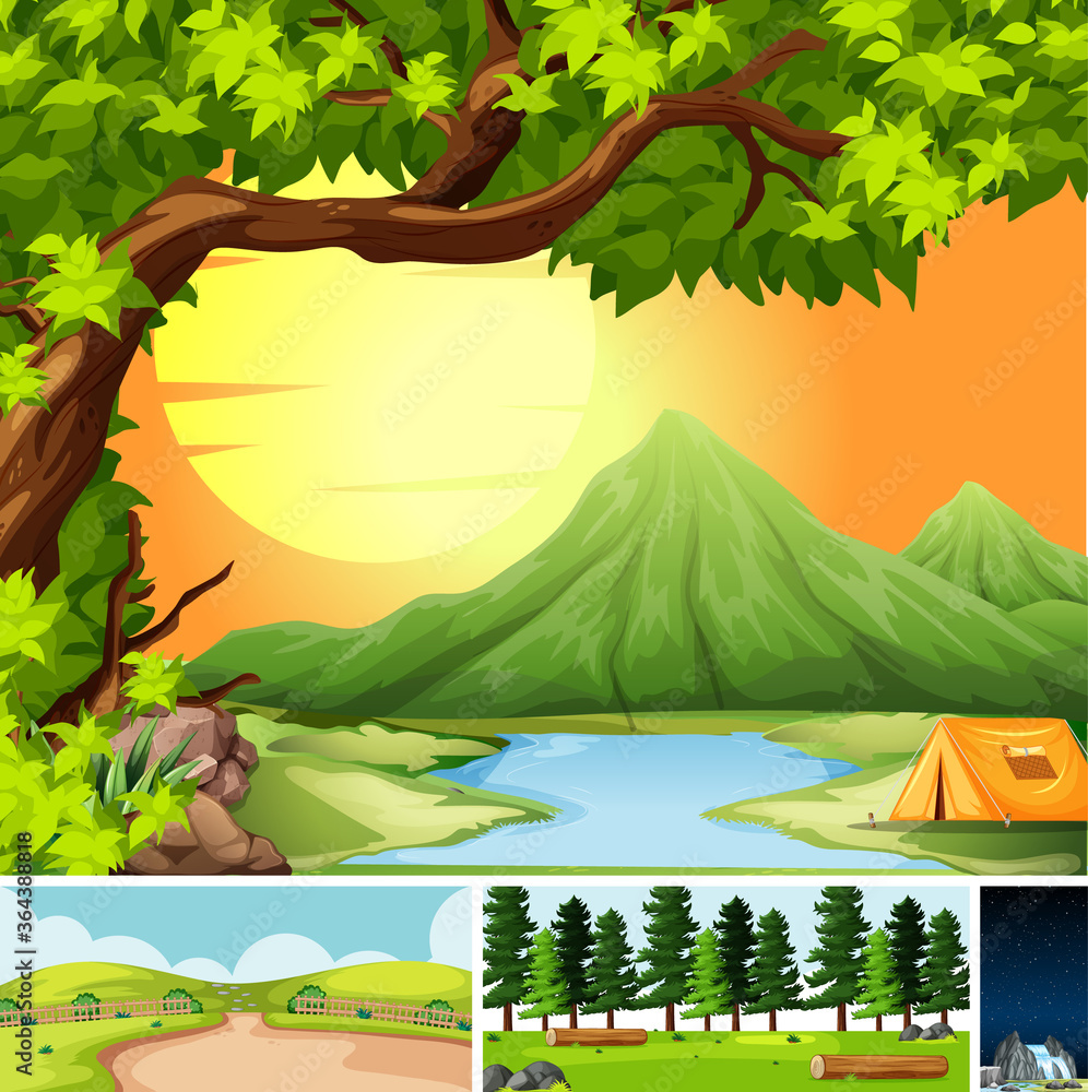 Four different scenes in nature setting cartoon style Stock Vector ...