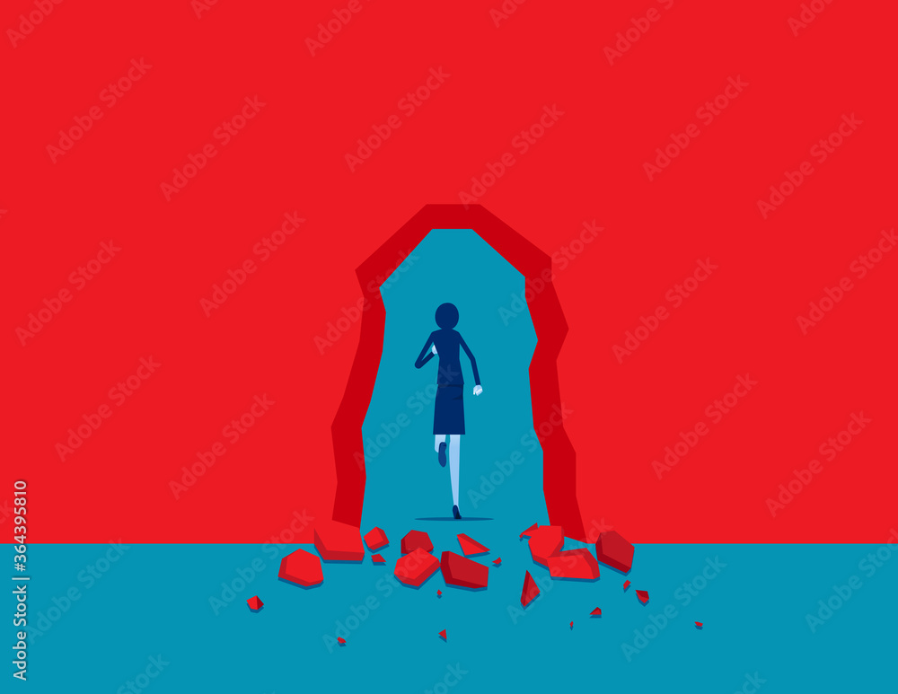 Breaking through red wall. Break through obstacles. Flat cartoon vector ...