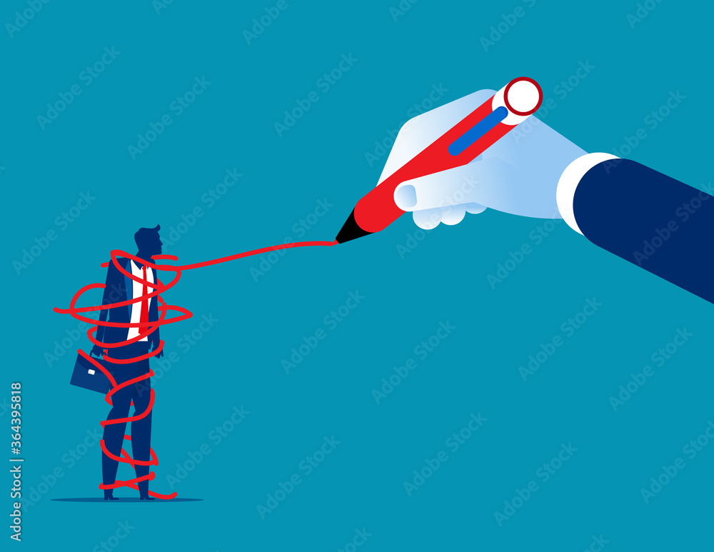 Hand drawing a red tangled ball around person depicting restriction ...