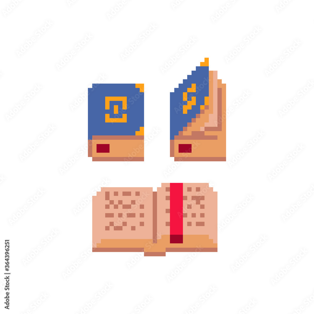 Open and closed books with a red ribbon pixel art icon. Element design ...