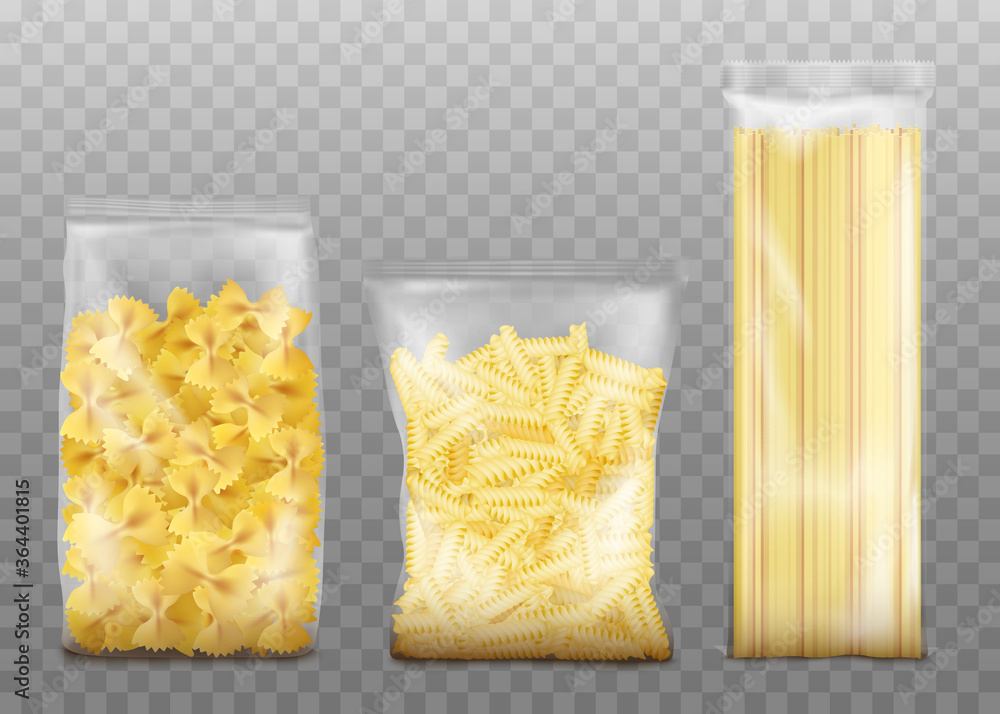 Mockup of three kinds pasta bags set realistic vector illustration ...