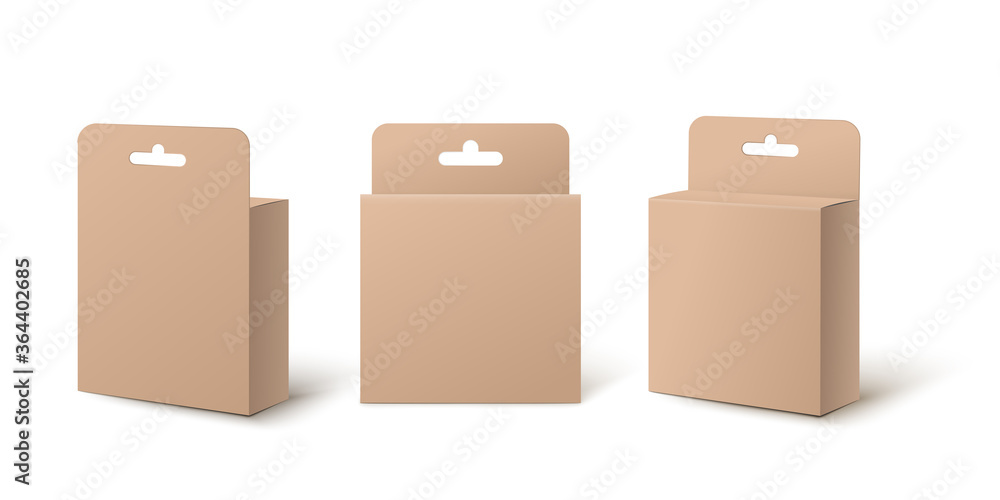 Realistic small retail package box mockup set from front, back and side ...