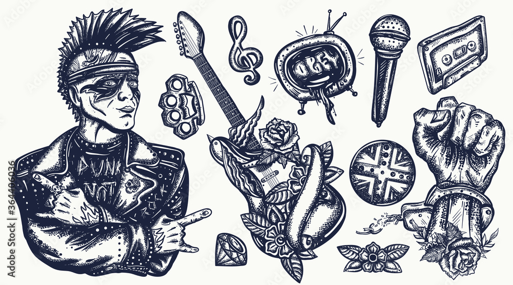 Punk music set. Tattoo vector collection. Punker with mohawk hairstyle ...