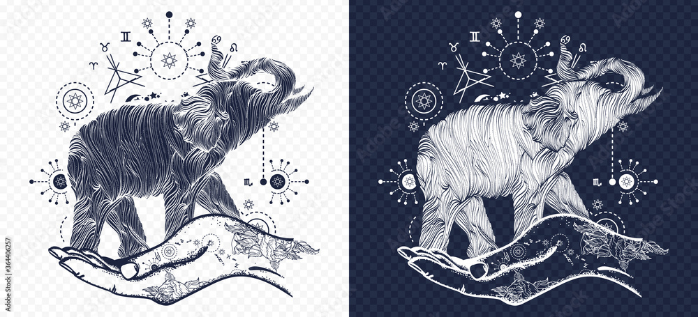 Elephant in the hands tattoo art sacral style t-shirt design. Symbol of ...