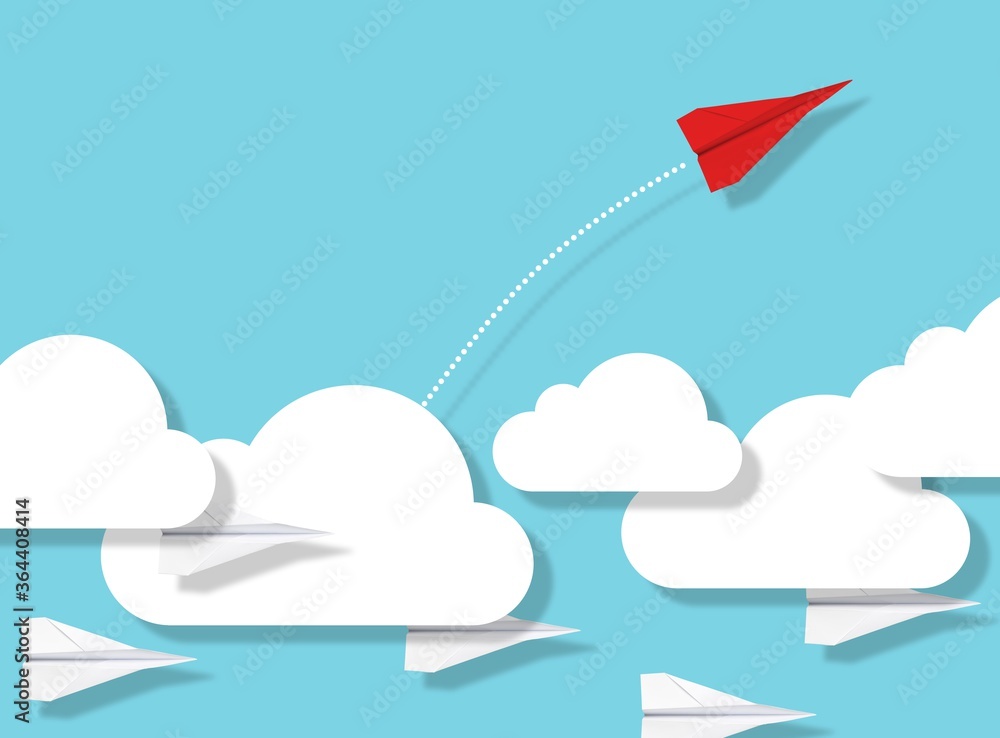 Red paper plane emerge from cloud shapes with white paper planes ...