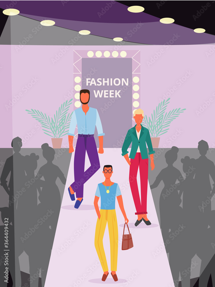 Male fashion show runway with men models cartoon characters vector ...