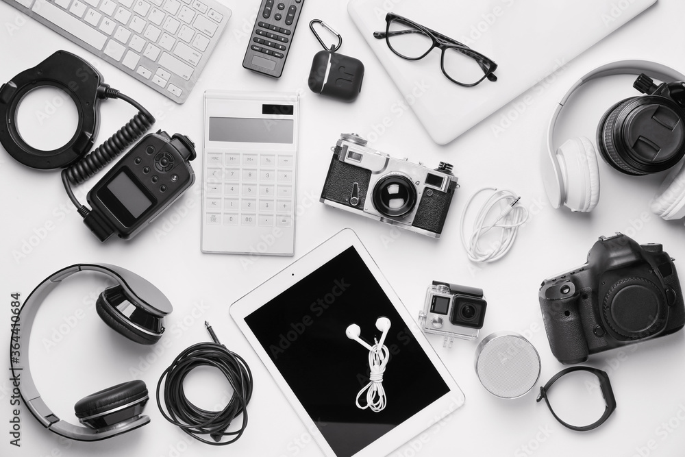 Different modern devices on white background Stock Photo | Adobe Stock