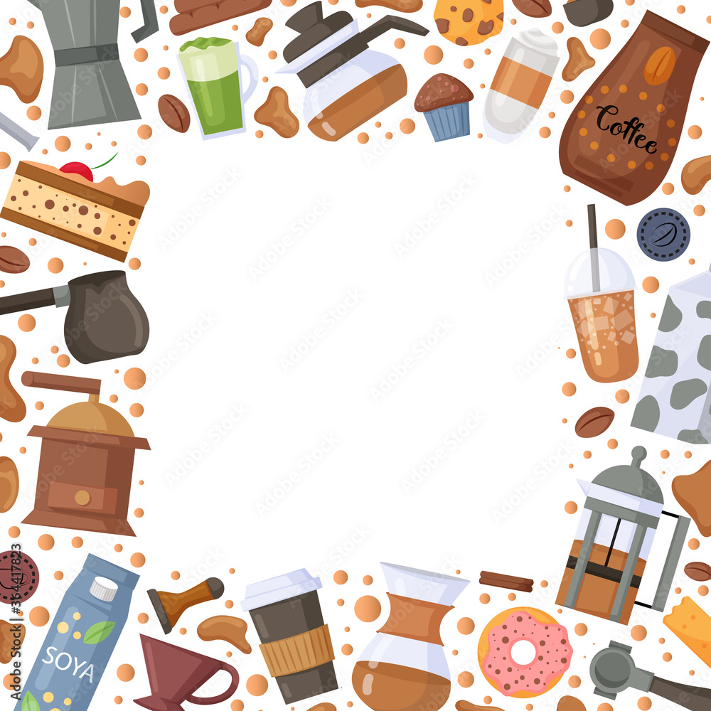 Coffee shop frame with coffee maker elements, sweets and different type ...