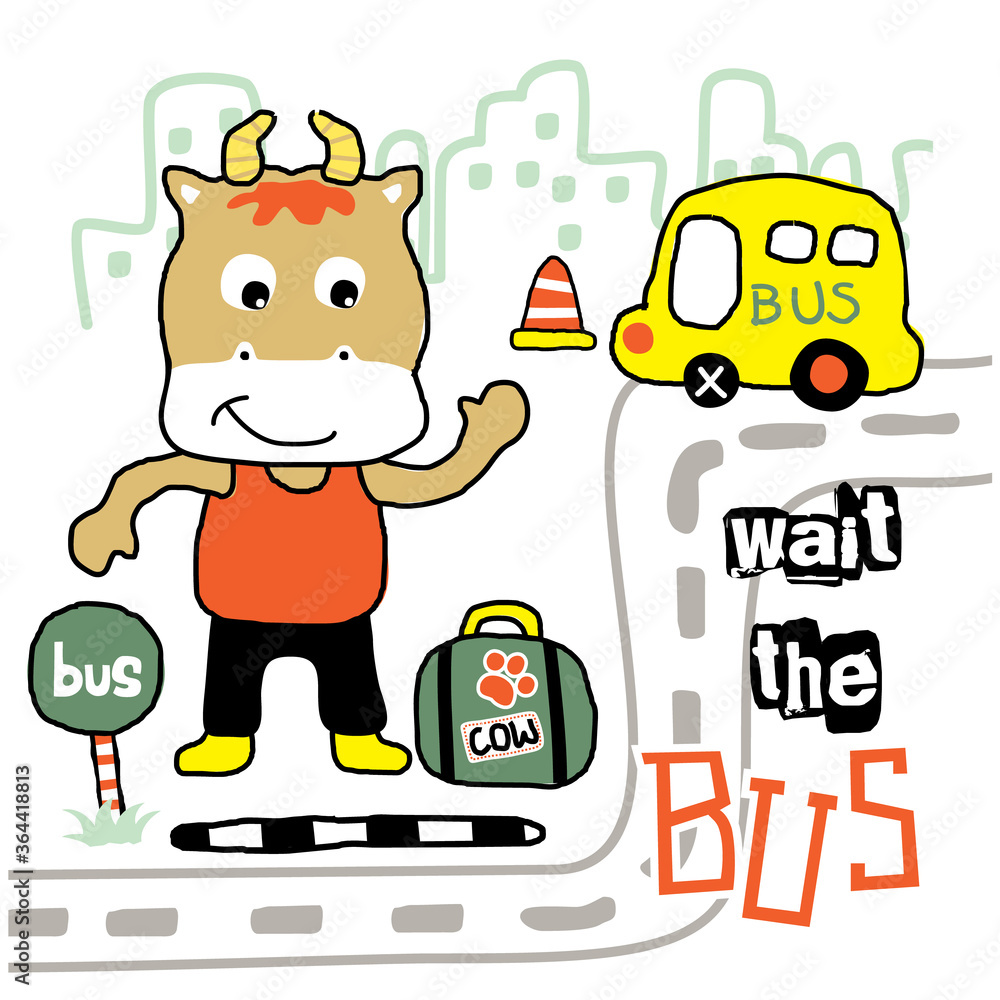 cow wait the bus on the city funny animal cartoon,vector illustration ...