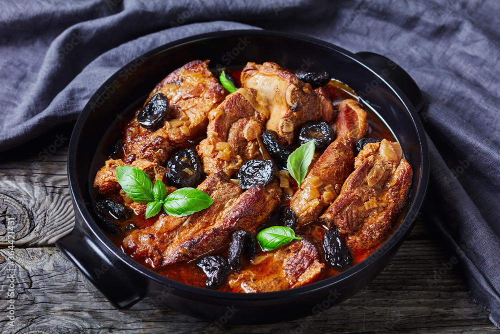 Easy slow-cooked short pork ribs with prunes Stock Photo | Adobe Stock