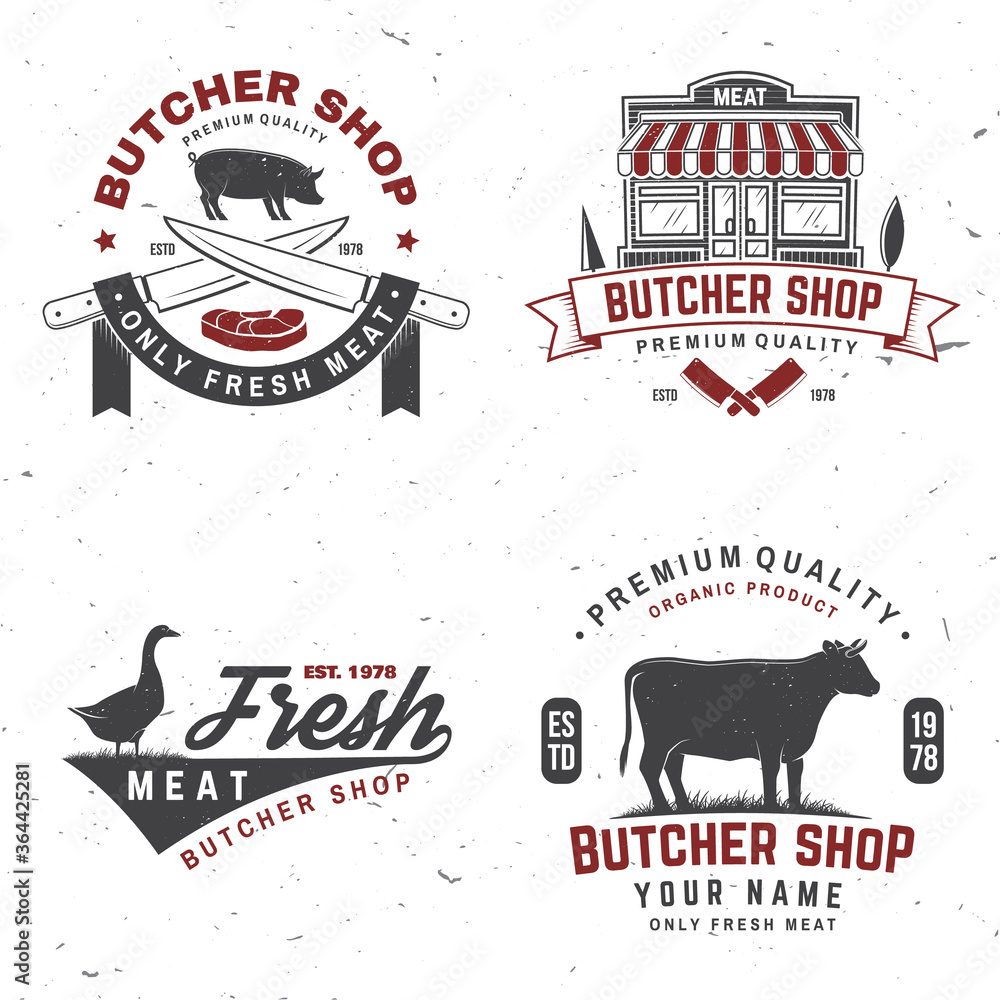 Set of butcher shop badge or label with cow, pig, goose. Vector ...