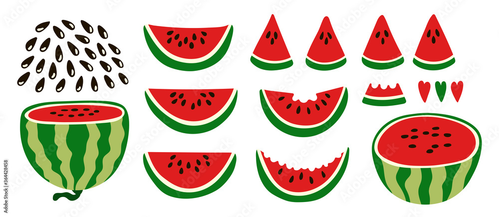 Ripe red watermelons. Whole, slices, seeds of watermelons. Set of juicy ...