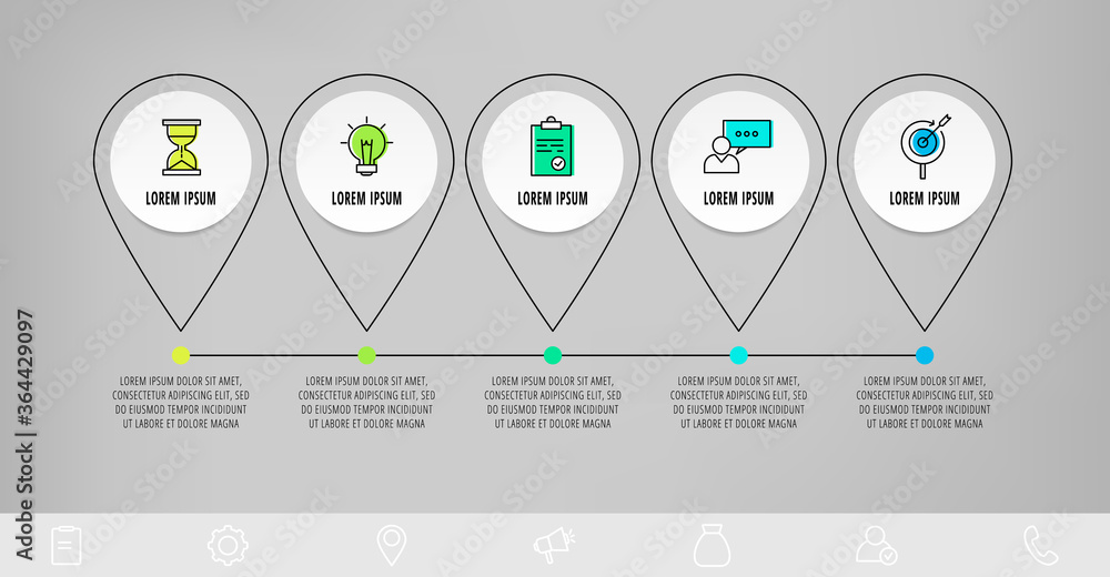 Infographics circles with 5 steps, icons. Flatline vector template. Can be used for five ...