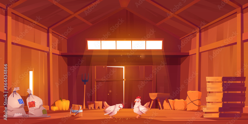 Barn interior with chicken, farm house inside view. Wooden ranch with ...