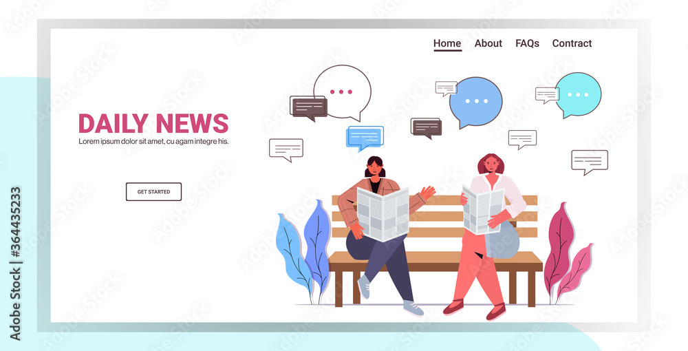 girls reading newspaper discussing daily news during meeting in park ...