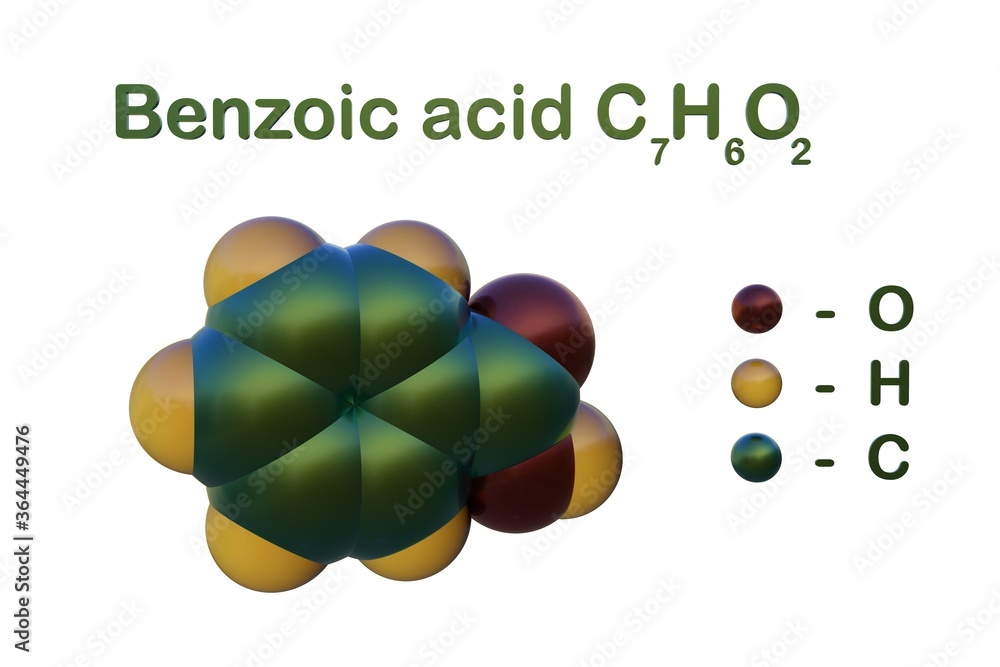 Structural chemical formula and space-filling molecular model of benzoic acid, the simplest ...