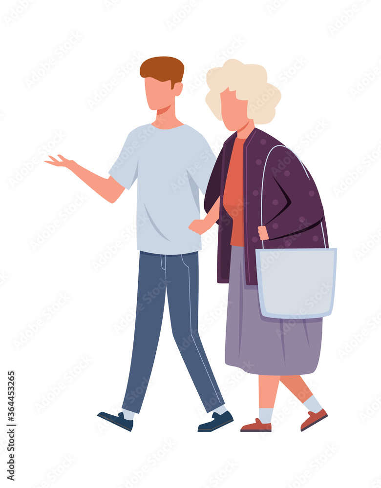 Volunteers help old woman. Young volunteer man caring for elderly human ...