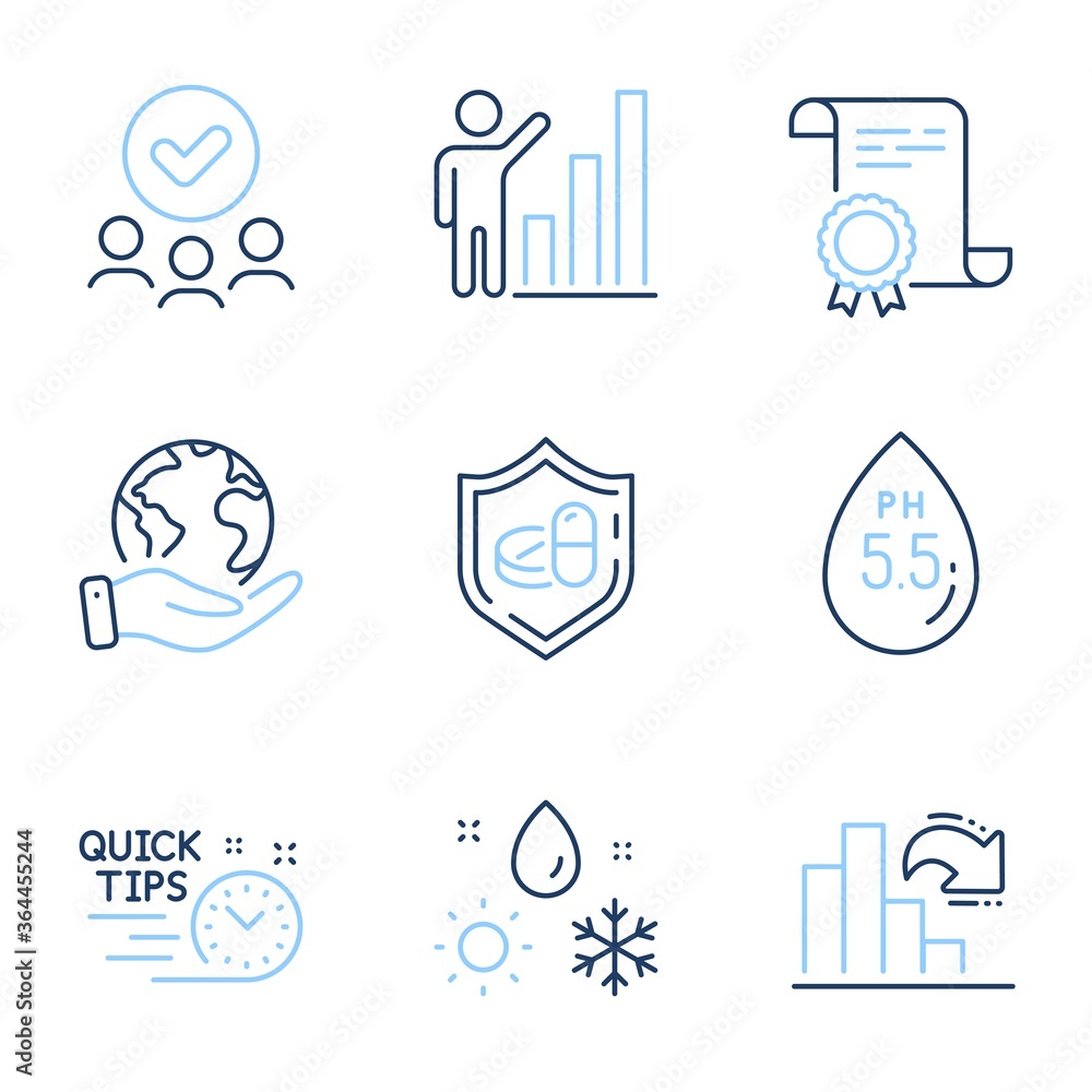Ph neutral, Weather and Quick tips line icons set. Diploma certificate ...