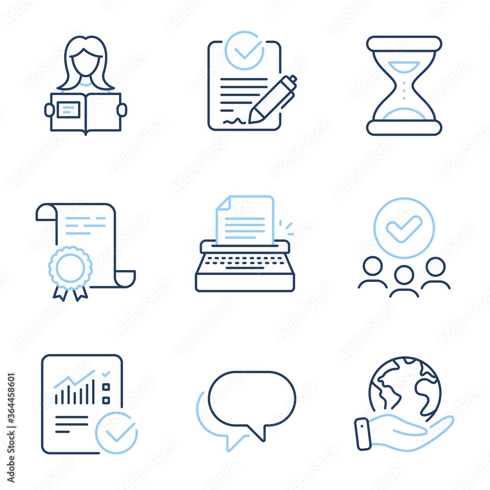 Checked calculation, Time and Rfp line icons set. Diploma certificate ...