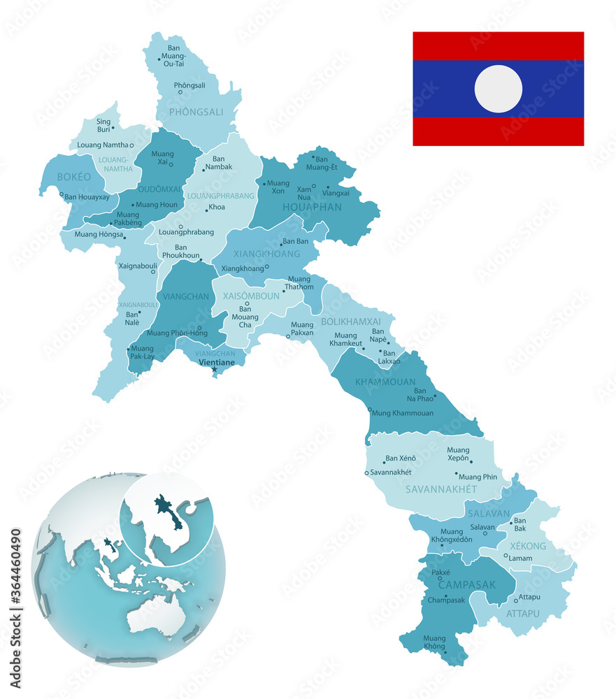 Laos administrative blue-green map with country flag and location on a ...