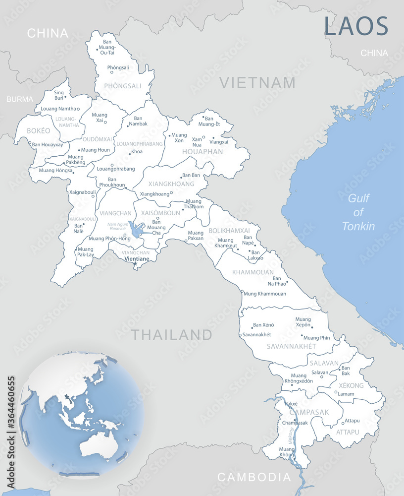 Blue-gray detailed map of Laos administrative divisions and location on ...