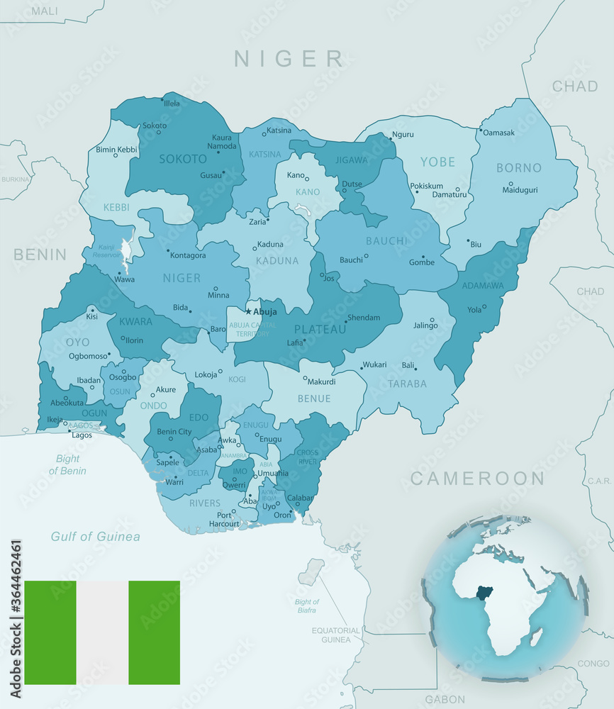 Blue-green detailed map of Nigeria administrative divisions with ...