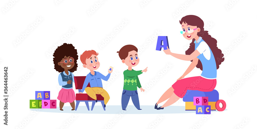 Cartoon kids playing. Children learn read through game. Kindergarten ...