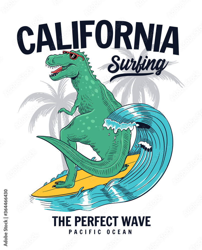 Dinosaur surfing vector illustration, for t-shirt prints, posters and ...