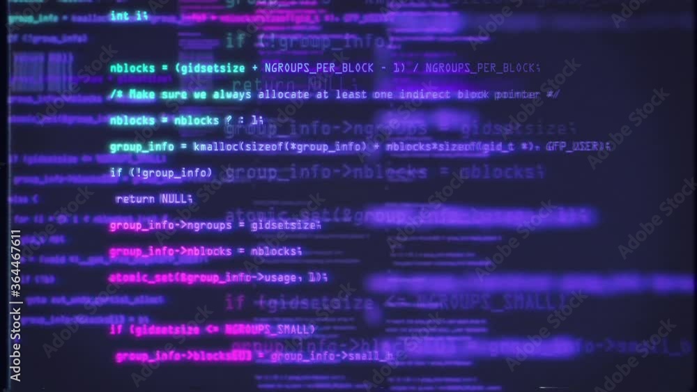 Blocks Of Abstract Program Code Are Written And Moved On Old Screen Monitor Blue And Purple