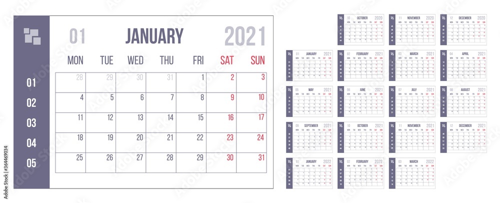 Vetor de 2021 year blue calendar. Month countdown page set. Day, week ...