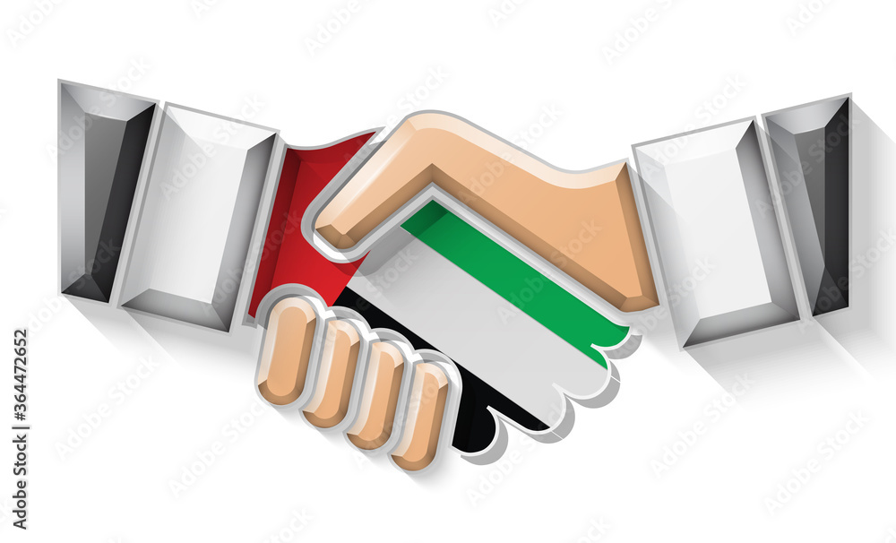 Made in UAE handshake. Hand sets the color of UAE flag. Concept of sale ...