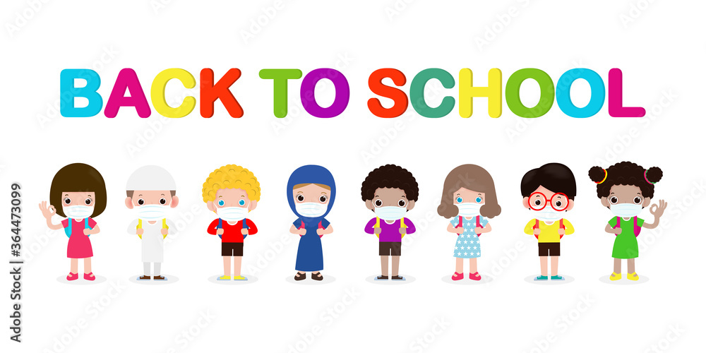 Back to school for new normal lifestyle concept. happy group of kids ...
