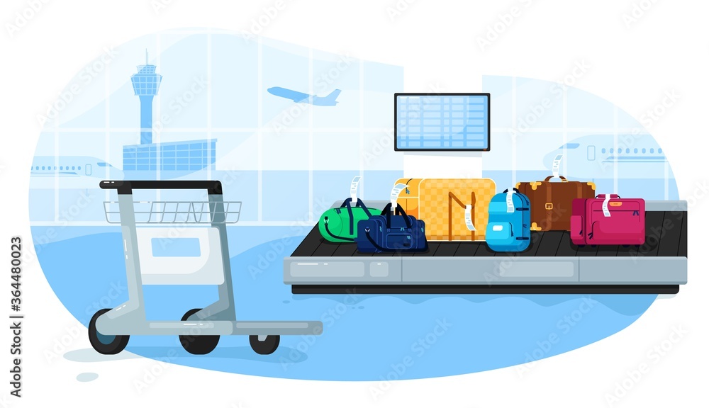 Luggage conveyor. Baggage suitcases on luggage conveyor belt and cart ...