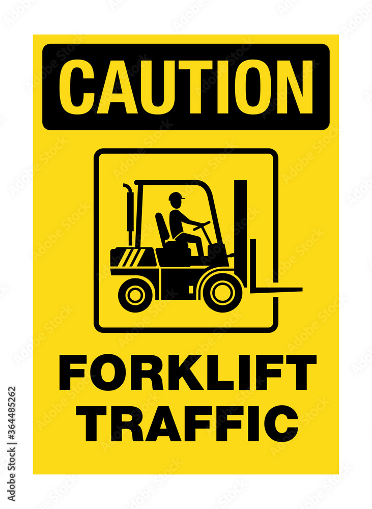 Forklift traffic caution sign - loader silhouette on yellow background ...