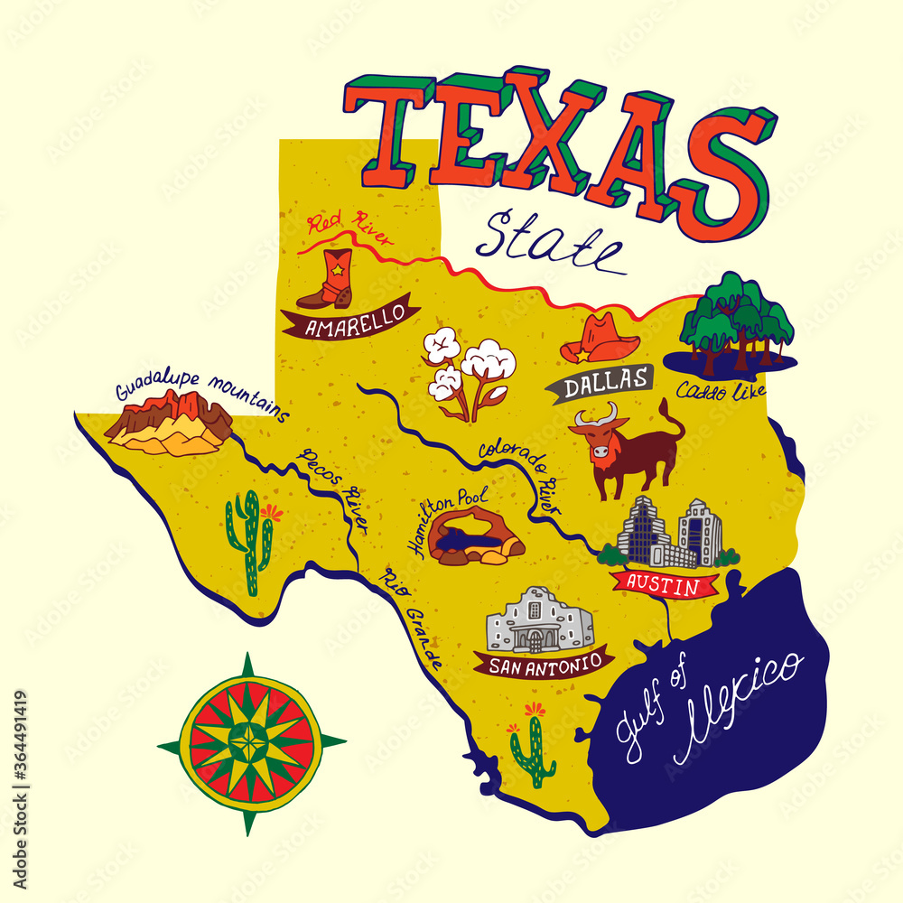 Illustrated map of Texas state, USA. Travel and attractions. Souvenir ...