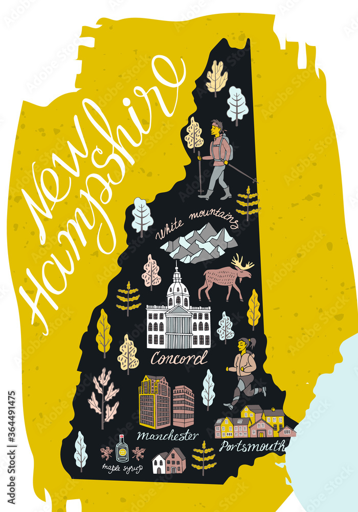 Illustrated map of New Hampshire state, USA. Travel and attractions ...