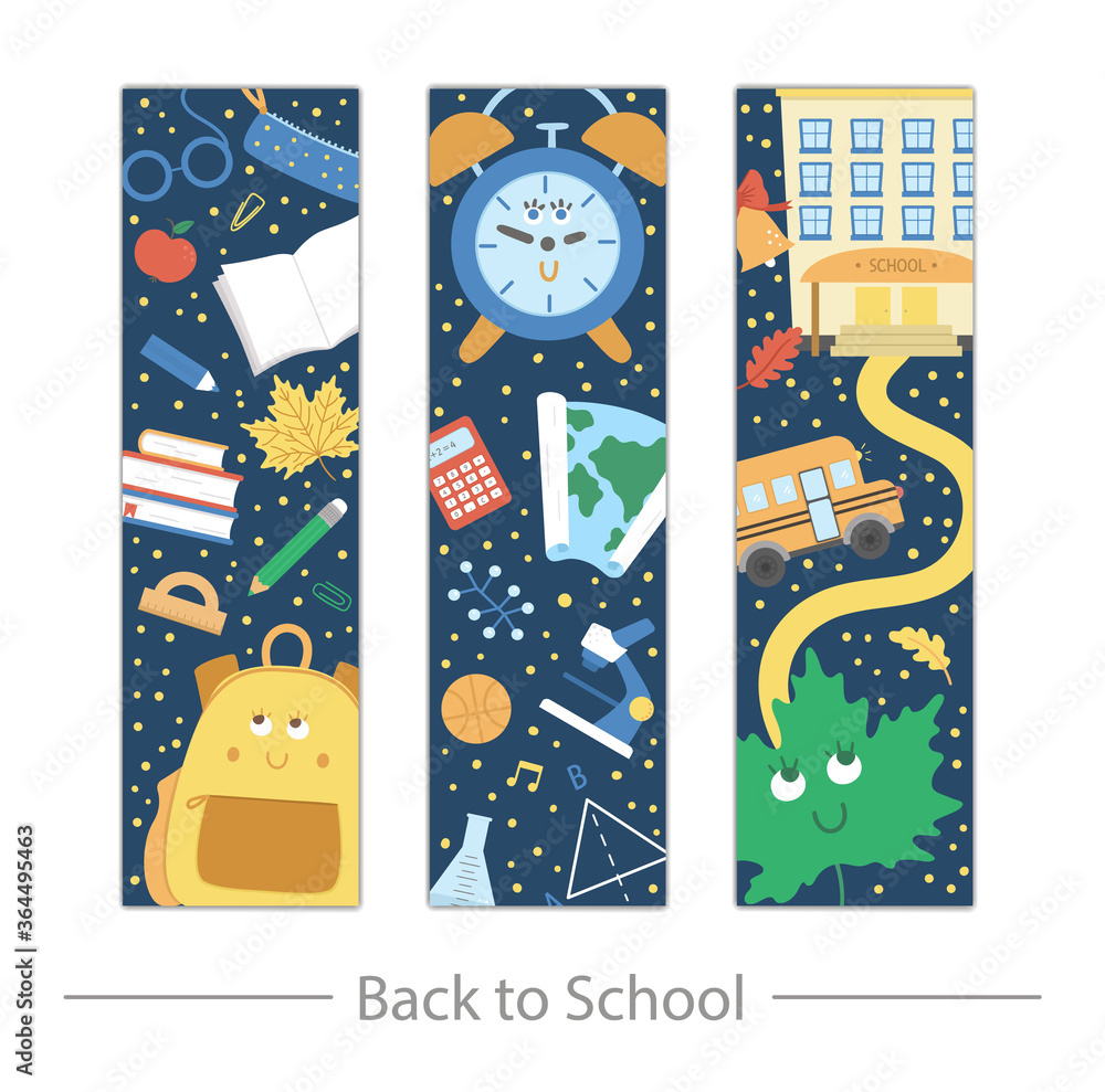 Vector back to school bookmarks set with cute schoolbag, pencil, alarm ...