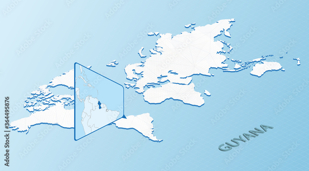 World Map in isometric style with detailed map of Guyana. Light blue ...