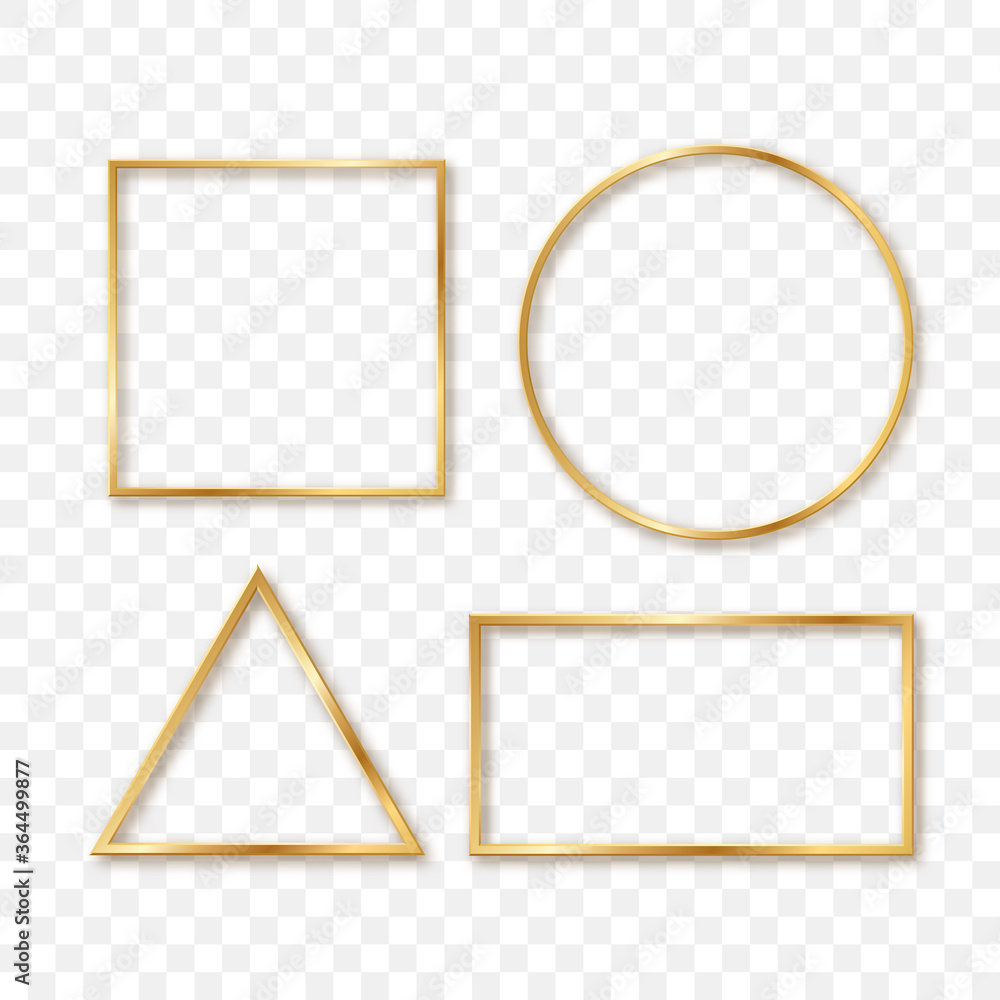 3D golden geometric shapes. Vector square, triangle, rectangle, circle ...