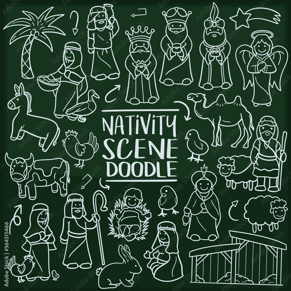 Nativity Scene Christmas Traditional Doodle Icons Sketch Hand Made ...