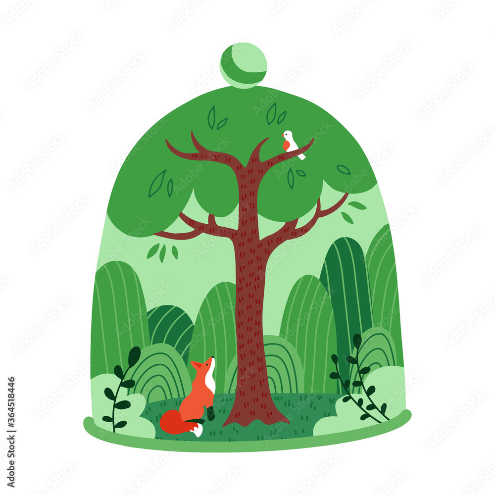 Green tree forest with fox under a transparent glass dome. Save the ...