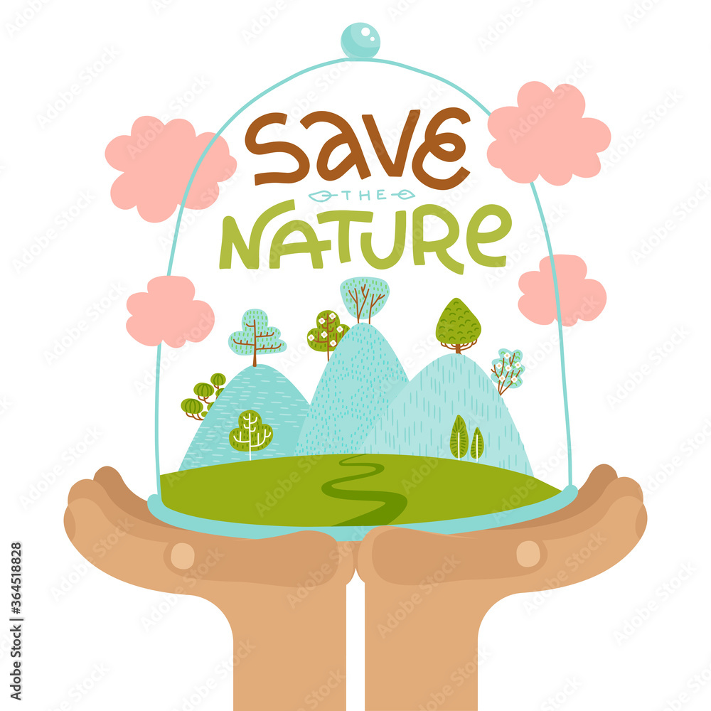 Hands holding hills with trees in glass jar. Save the planet earth ...