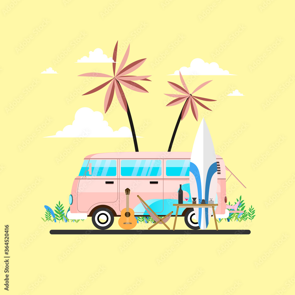 Summer vacation surf bus sunset tropical beach. travel and people ...