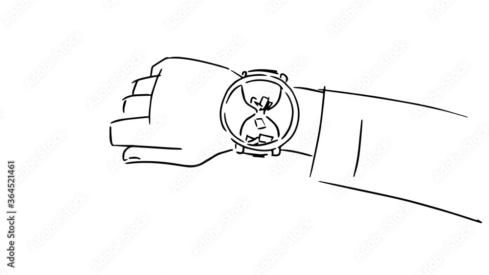 in this storyboard is a hand that has a clock, on the clock is drawn an ...