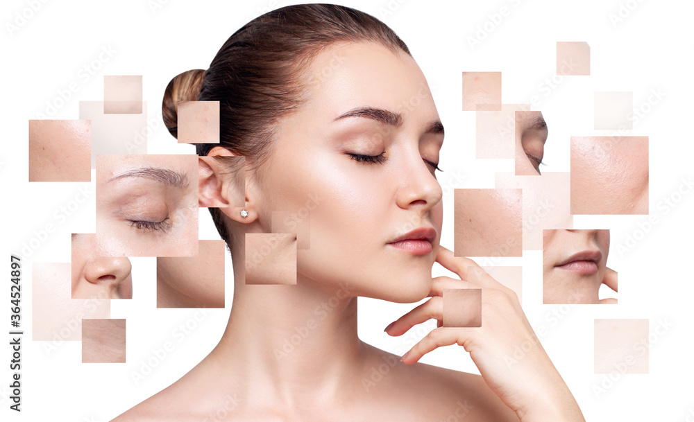Young woman with parts of old face before and after skin treatment ...