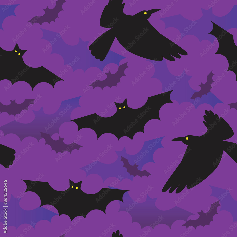 Seamless pattern with bats and creepy crows on purple background ...