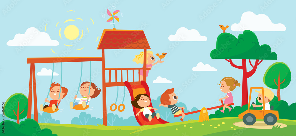 Group of 7 seven children playing on playground spending time in games ...