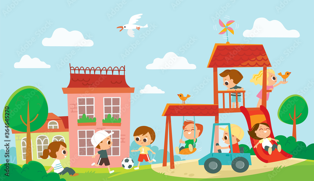 Group of 8 eight children playing on playground spending time in games ...