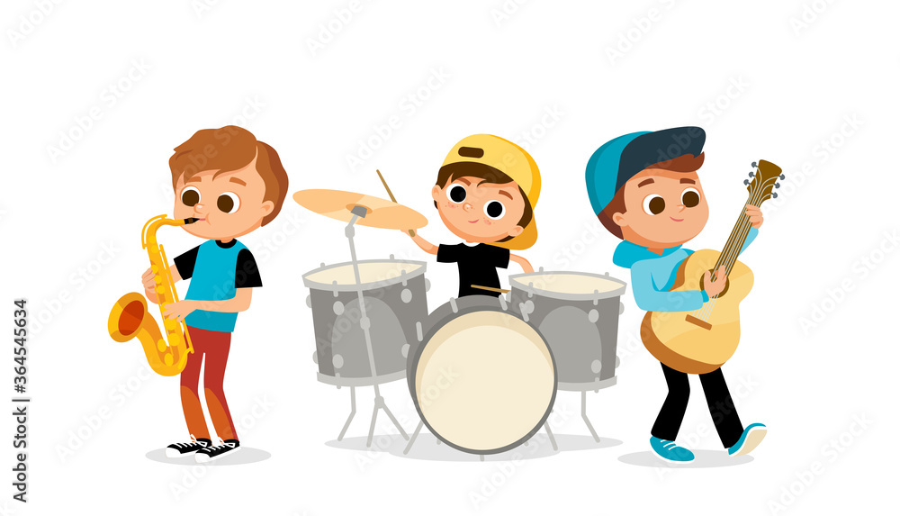 Child music band. Children playing music. Cartoon kids playing musical ...